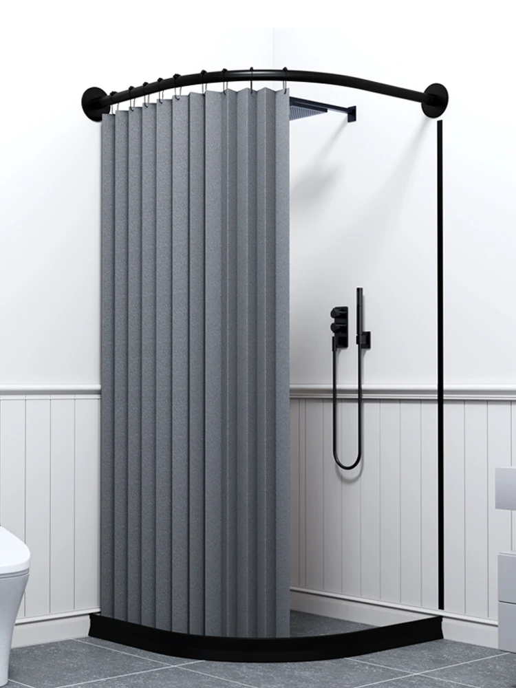 Bathroom-curved-magnetic-shower-curtain-set-no-punching-folding-tarp ...