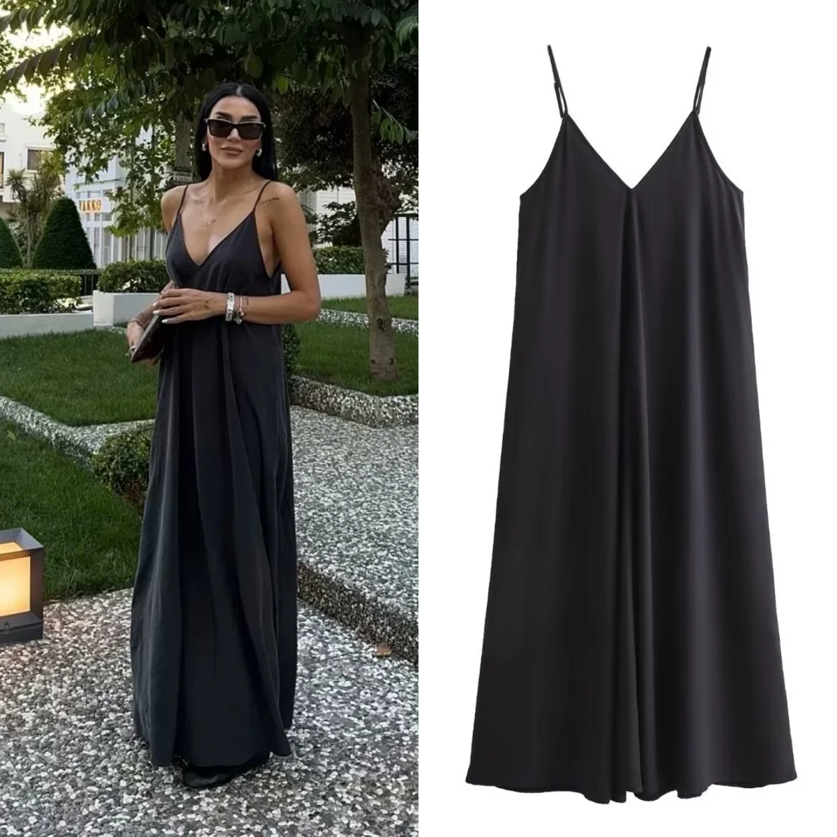 PB-ZA-vestido-Midi-de-Color-liso-para-mujer-traje-holgado-con-cuello-en ...
