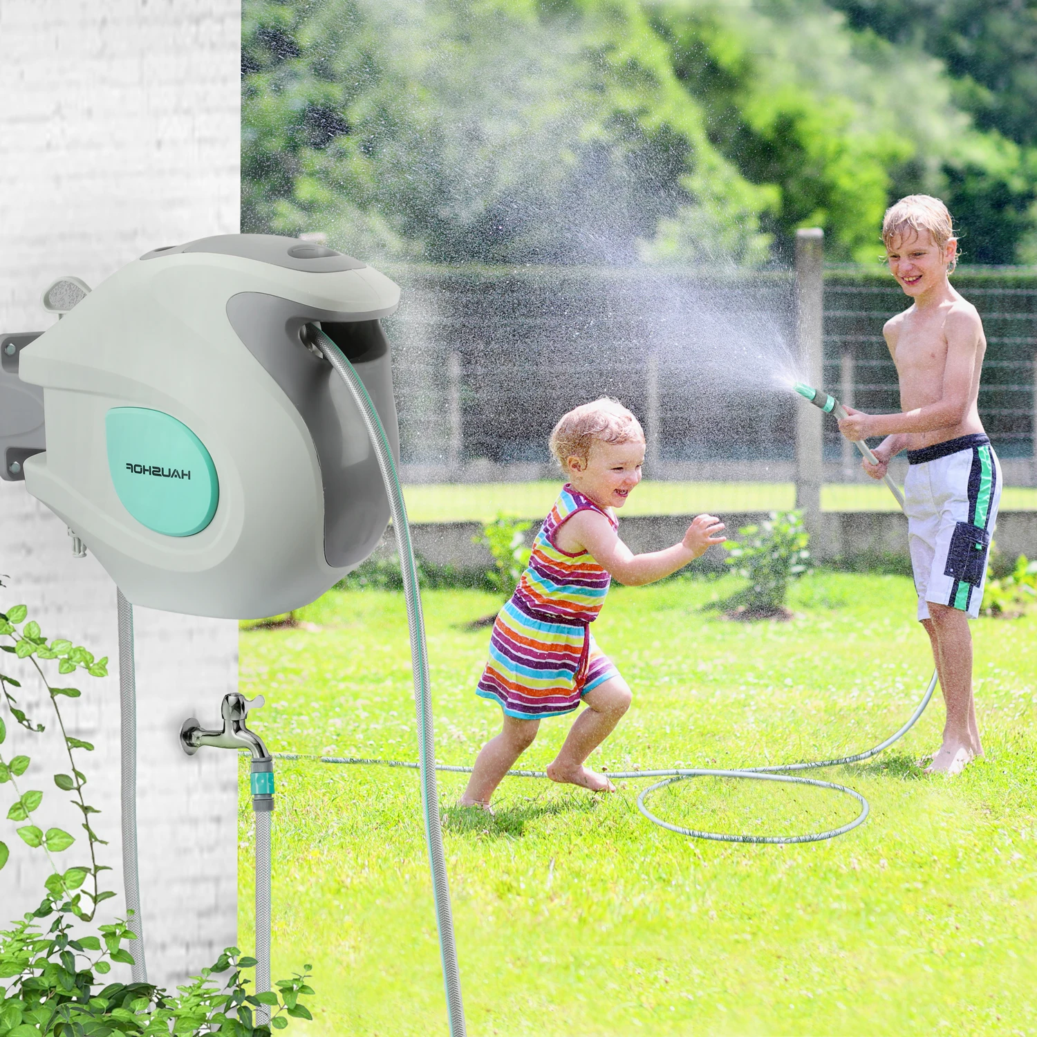 HAUSHOF Wall Mounted Retractable Garden Hose Reel Garden Hose Reel Box ...