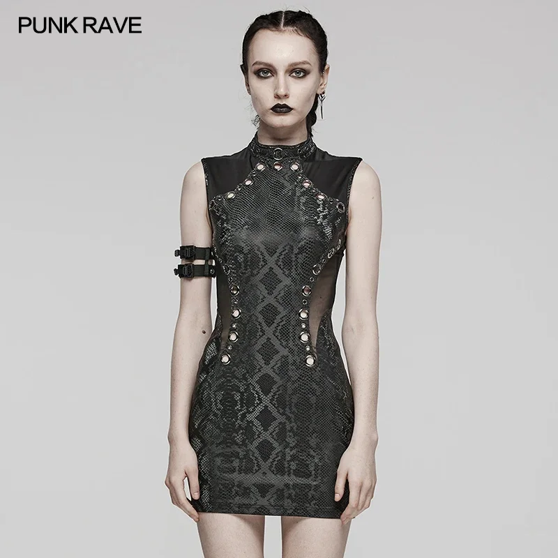 PUNK RAVE Women's Punk Snake-skin Pattern Sleeveless Dress Gothic Sexy ...