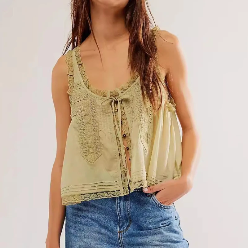 Light Cotton Splicing lace Blouses Shirts Women Sleeveless Tank Tops ...