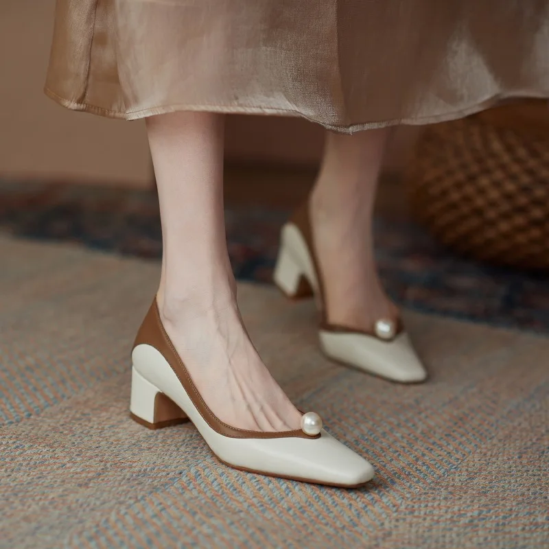 French-Personality-Women-Shoes-2022spring-New-Retro-Color-blocking-Pearl-Chunky-Heel-Shoe ...