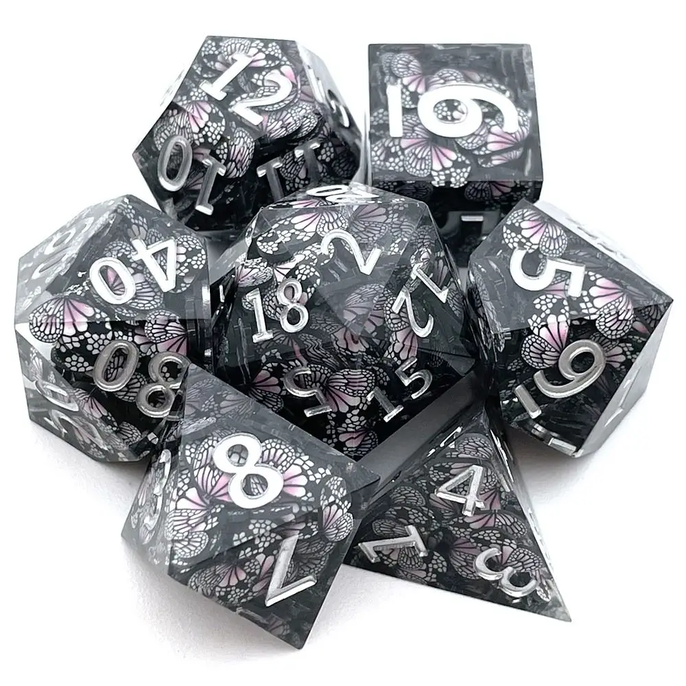 7pcs Black Butterfly Decor Polyhedral Resin Dice Set Table Games Dices ...