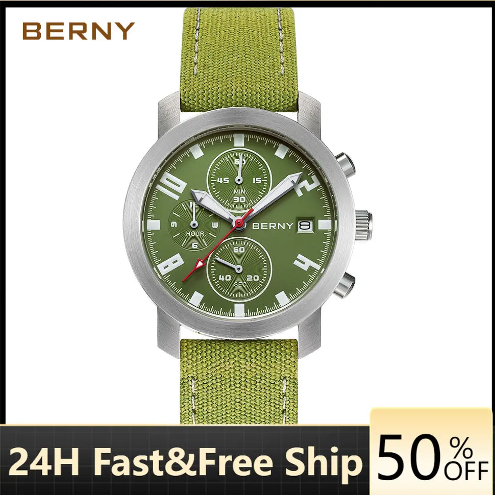 Berny Reloj de lona para hombre, cronógrafo de pulsera multifunción, luminoso, verde, zafiro ...