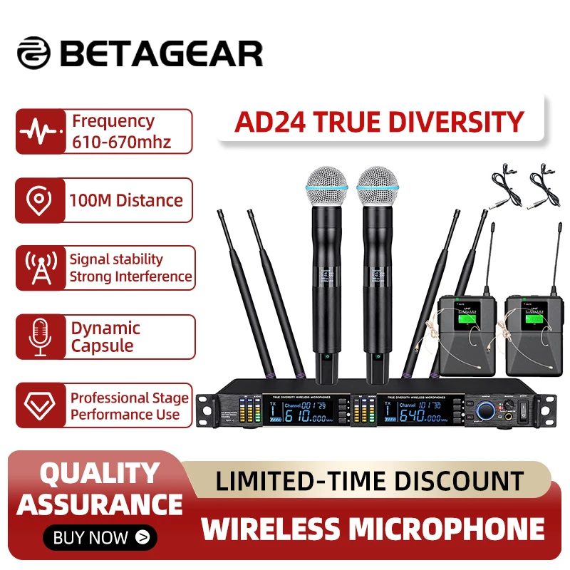 Betagear AD24 True Diversity Wireless Microphone 2 Channels LCD Screen ...