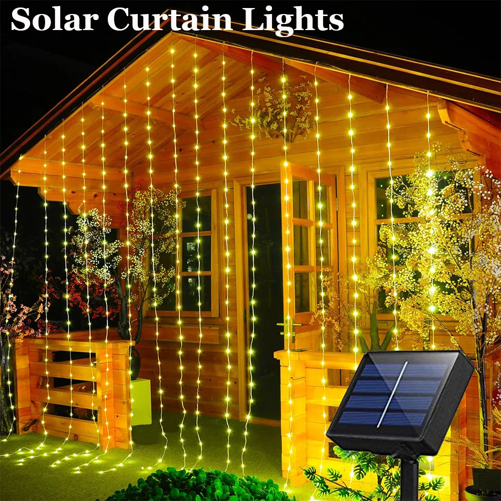 Solar-LED-Curtain-Lights-Outdoor-Waterproof-Fairy-Garland-String-Lights ...