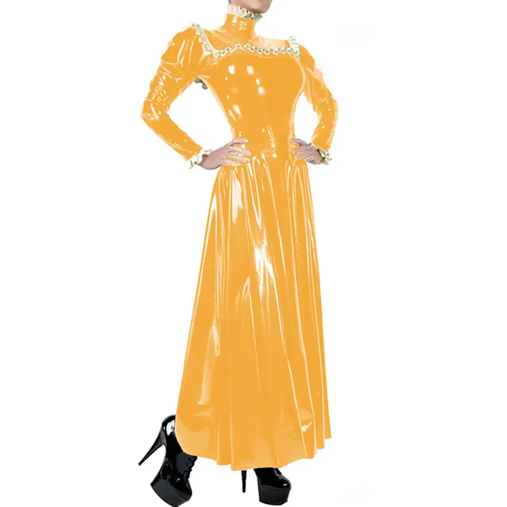 Ladies-High-Neck-Ruched-Trims-Long-Sleeved-Bodycon-Dress-Pleated-Back ...