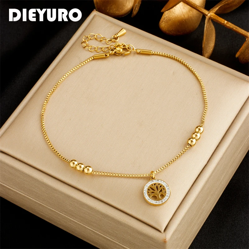 DIEYURO 316L Stainless Steel Round Tree of Life Charm Anklets For Women Girl New Trend Leg Chain ...