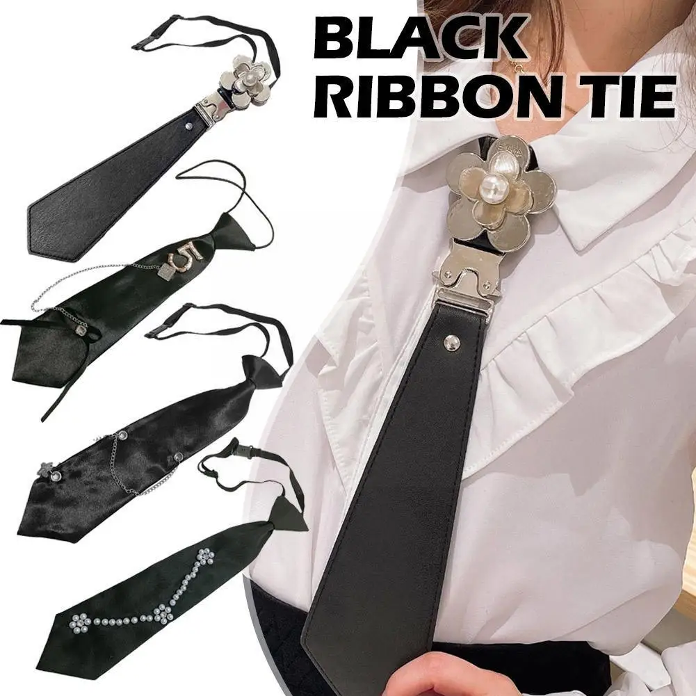 Black Ribbon Tie With Floral Hand Made New Neck Women Collar 4 School ...