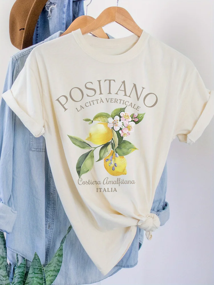 Positano Lemon Print T-shirt Short Sleeve Crew Neck Casual Top For ...