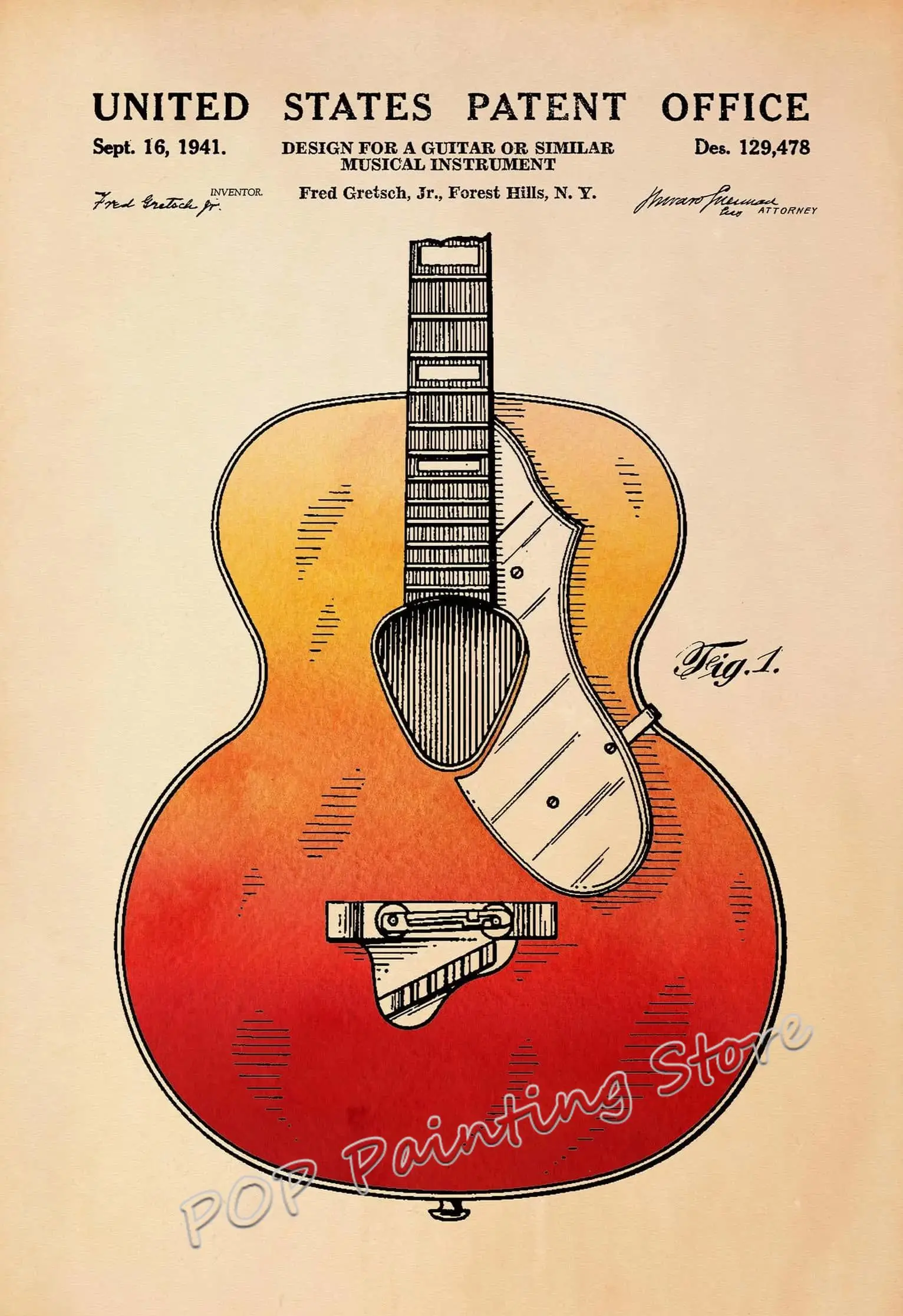 Electric Bass Guitar Illustration Music Instrument Blueprint Poster ...