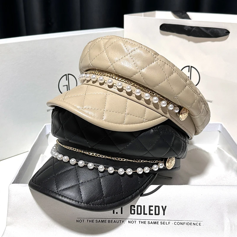 Octagonal-Hats-Women-s-Flat-Top-Pear-Chain-Military-Hat-Elegant-Artist ...