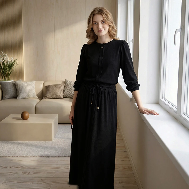 Summer womens shabbos robe long sleeve top and maxi skirt black ribbed ...