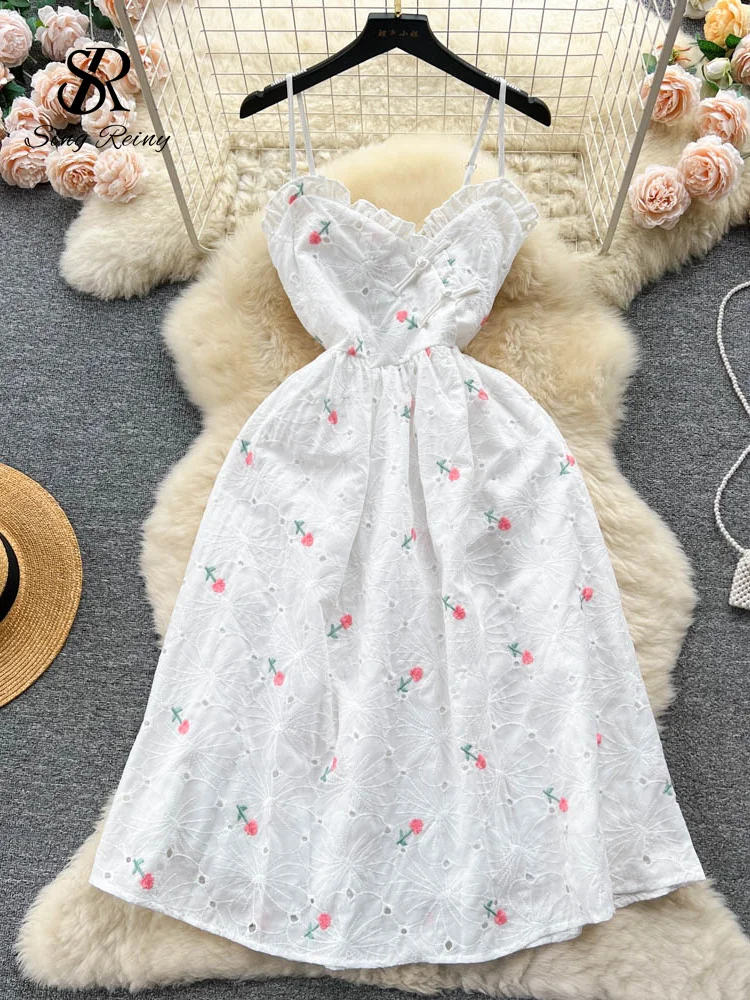SINGREINY-Women-Cotton-Floral-Embroidery-Sundress-Strap-Frog-Button-Vintage-Midi-Dress-Summer ...