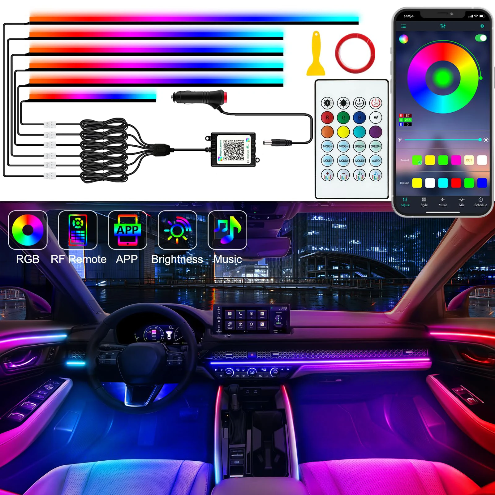 Full-Color-RGB-LED-Car-Interior-Ambient-Lights-Acrylic-Strip-Light-App ...