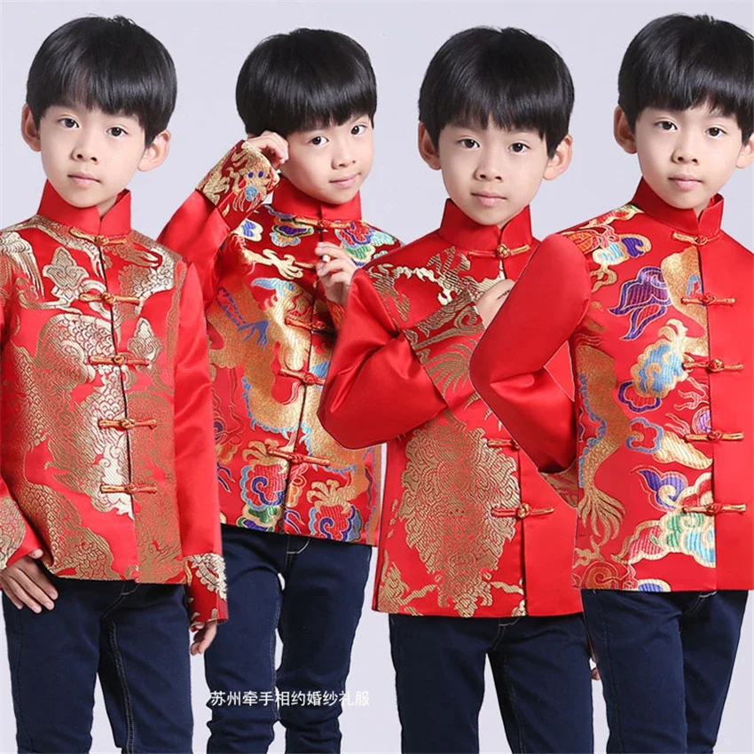 Tang Suit Red Traditional Chinese Clothing for Men Kids Boy Hanfu Top ...