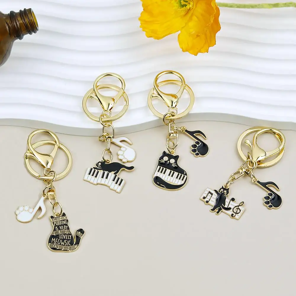 Cute Enamel Keychains Black Cat Music Note Piano Pet Key Rings For ...