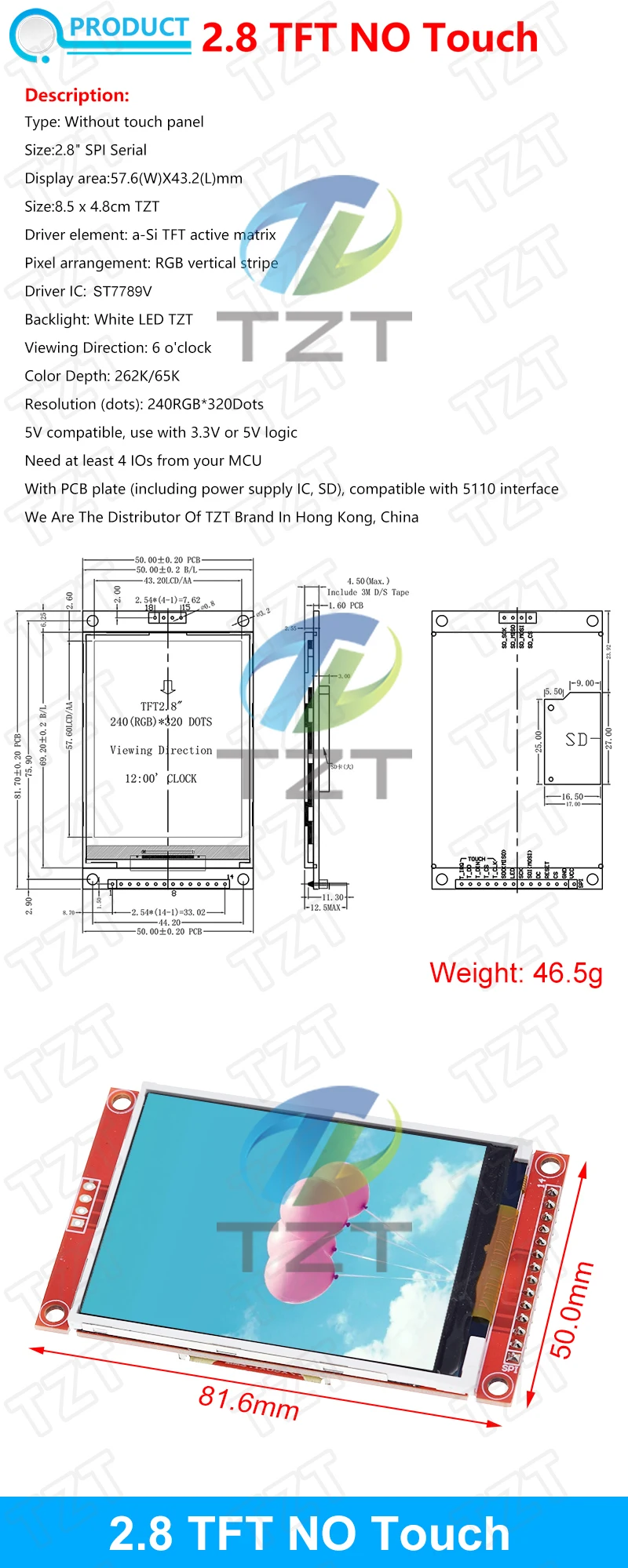 TZT TFT Display 0.96/1.3/1.44/1.8/2.4/2.8/3.5 Inch TFT Full Color ...