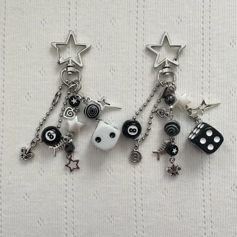 Handmade-cluttered-rockstar-gf-edgy-black-black-white-dice-keychains ...