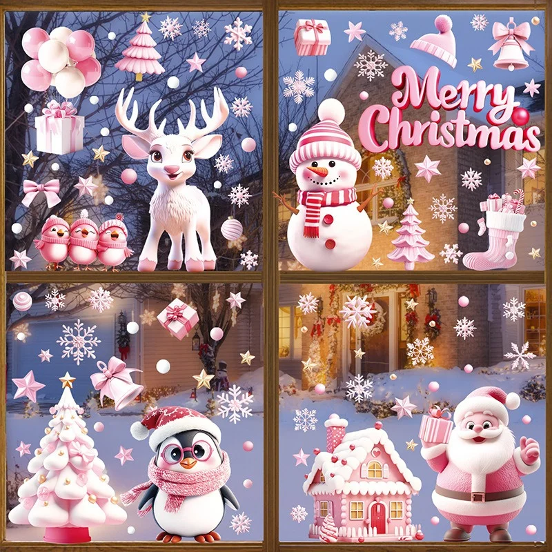 Christmas-Pink-Style-Window-Stickers-Set-Cute-Penguin-Gifts-Santa-Claus ...