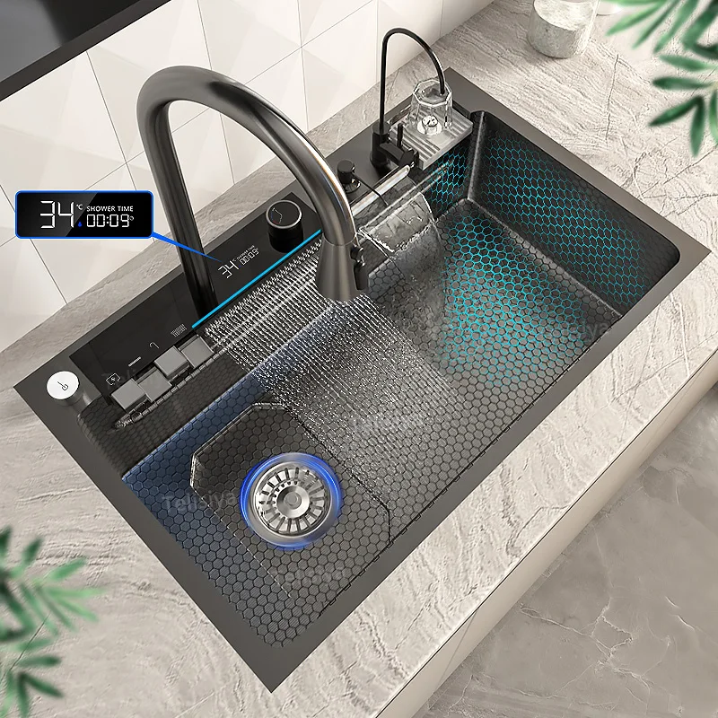Digital-display-Waterfall-Sink-Stainless-Steel-Kitchen-Sink-Embossed ...