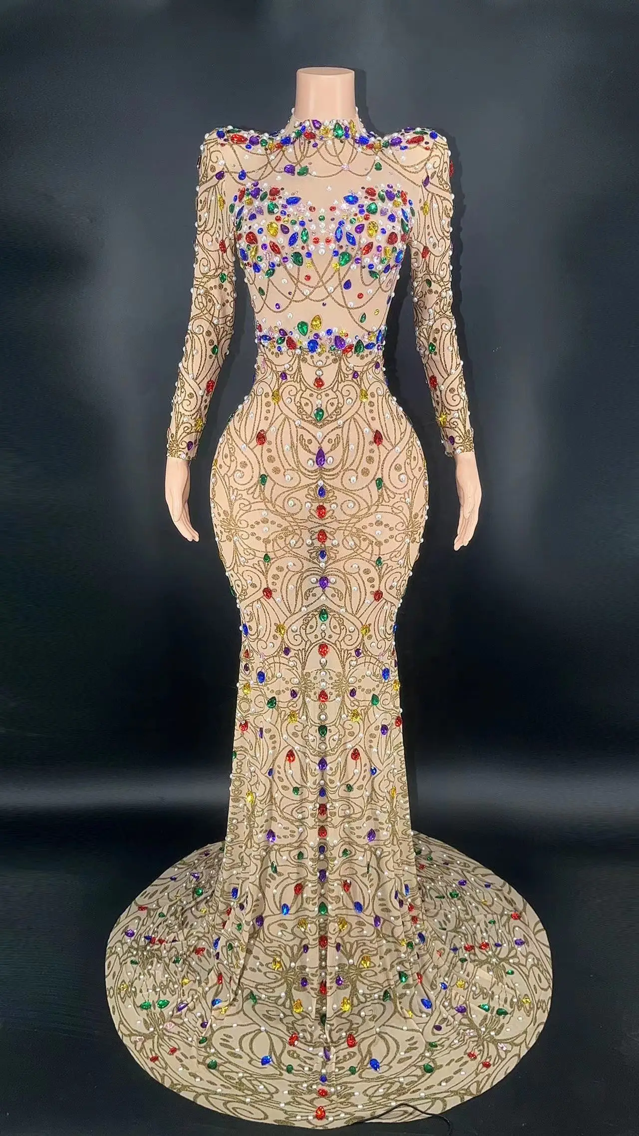 Sparkly-Multicolor-Crystal-Pearls-Mesh-Long-Tail-Dress-women-Prom ...