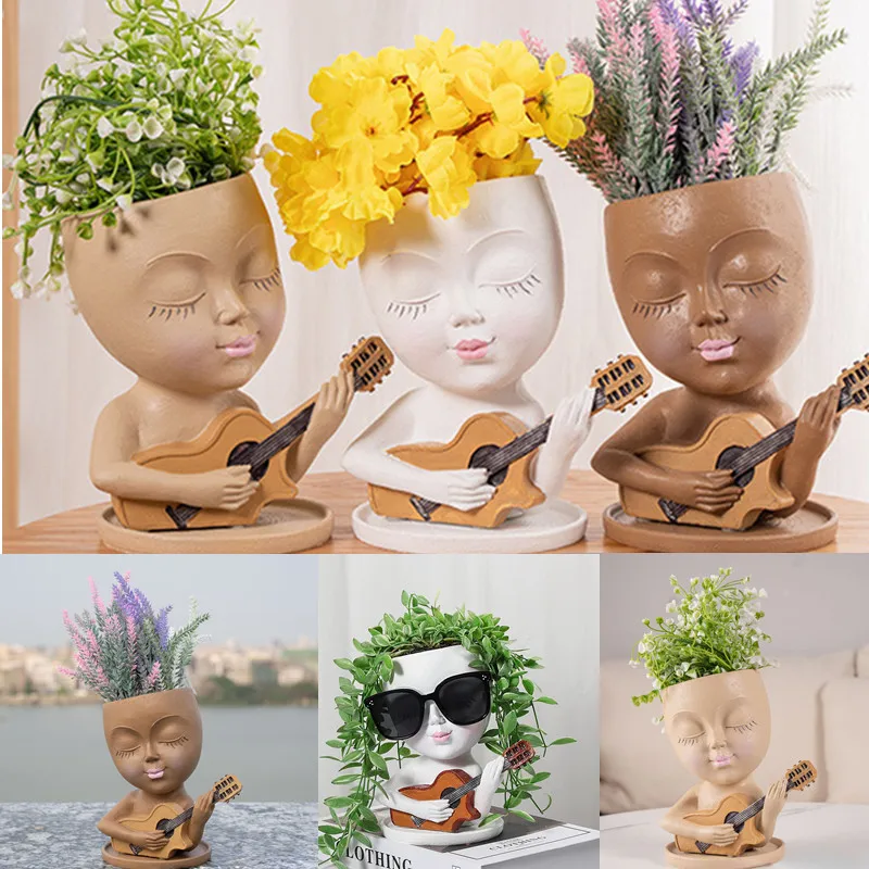 Guitar-Girls-Face-Flowerpot-Lady-Head-Vase-With-Tray-Drain-Hole-Music ...