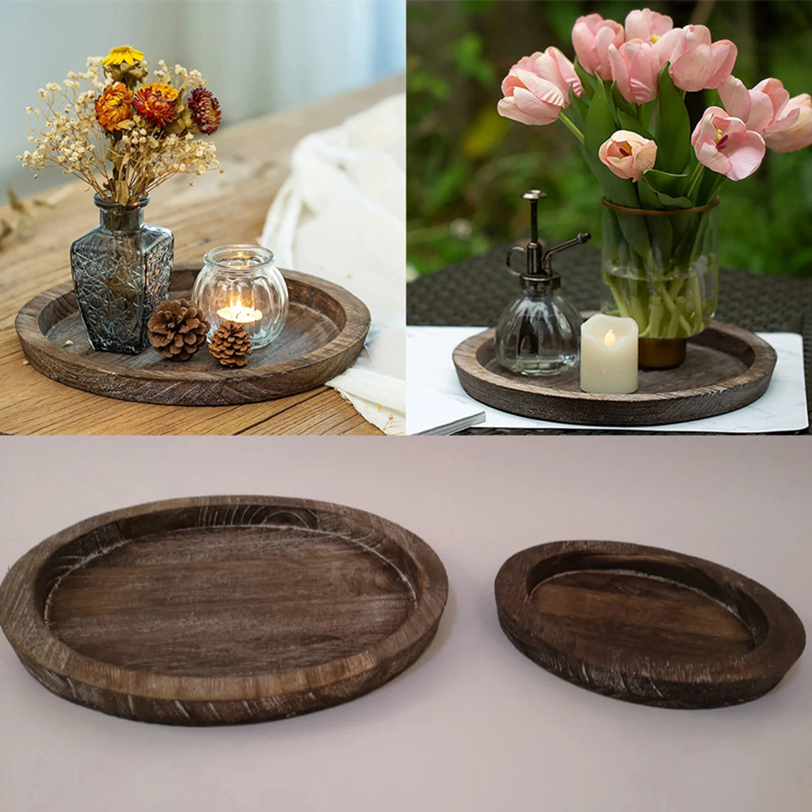 Round-Natural-Wooden-Tray-Wood-Plate-Tea-Food-Server-Dishes-Water-Drink ...