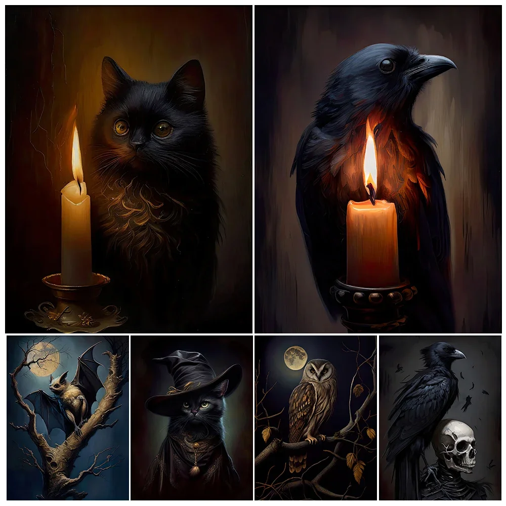 Bat-Black-Cat-Witch-Antique-Owl-Raven-Wall-Art-Canvas-Painting-Dark ...