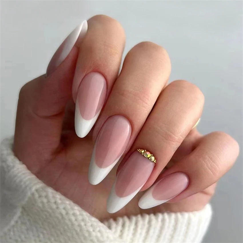 24Pcs-Set-Medium-Long-Almond-Fake-Nails-with-Diamonds-White-Edge-Oval ...