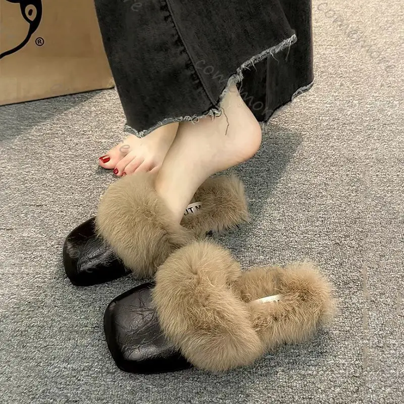 Comemore New Winter Furry Closed Toe Mules Slippers for Women Flat ...