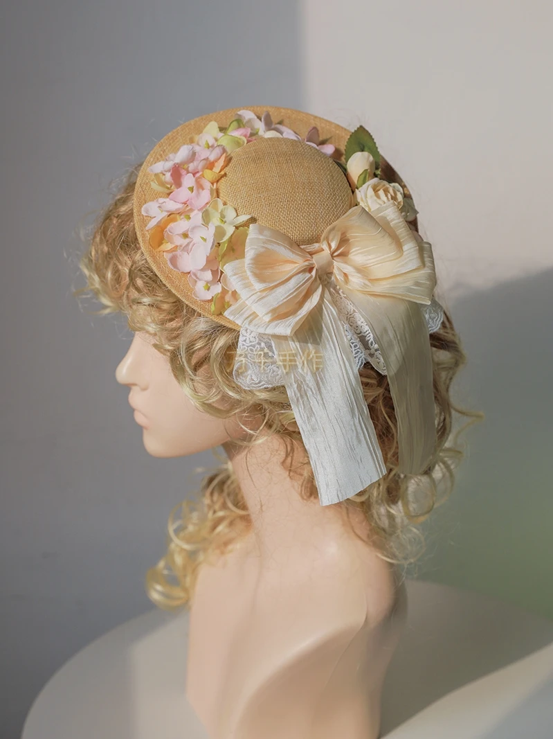 handmade original apricot bow flower lace top hat lolita elegant ...