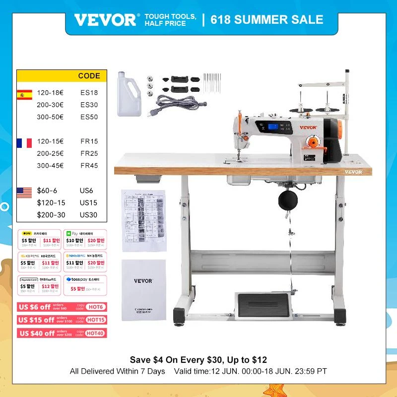 VEVOR Industrial Lockstitch Sewing Machine Kit 550W Servo Motor with Stand JK 9803 for Tailoring ...
