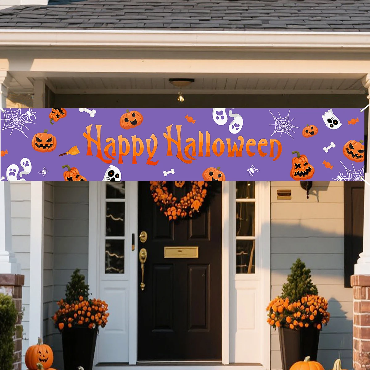 Happy Halloween Banner Pumpkin Ghost Witch Hat Spider Web Party ...