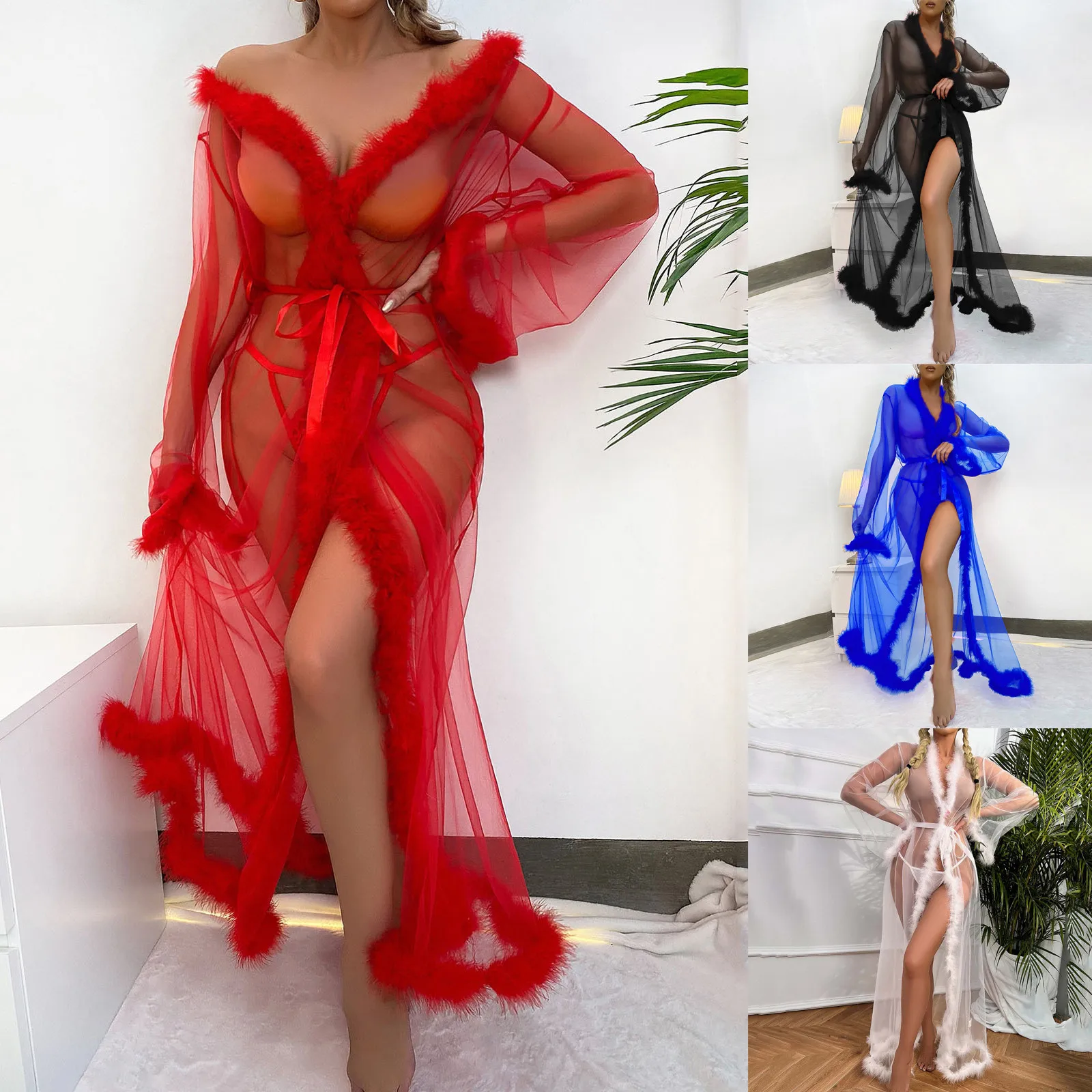 Women Sexy Mesh Sheer Tulle Robe Sleepwear Nightwear See Through Long Robe Lace Up Kimono Furry ...