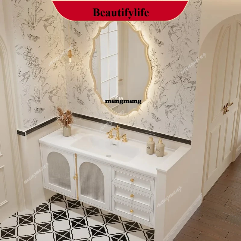 D132 French Cream Wind Bathroom Cabinet Integrated Basin Ceramic Basin ...