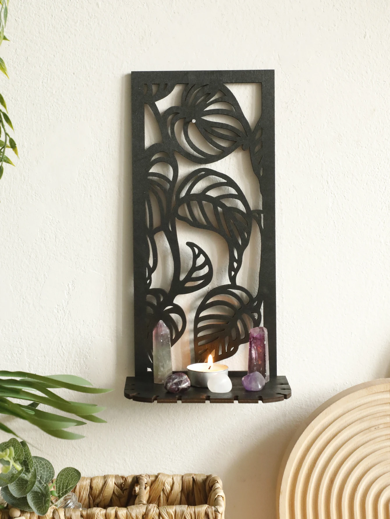 Wooden-Wall-Shelf-Black-Gothic-Rectangular-Hollow-Leaf-Pattern-Floating ...
