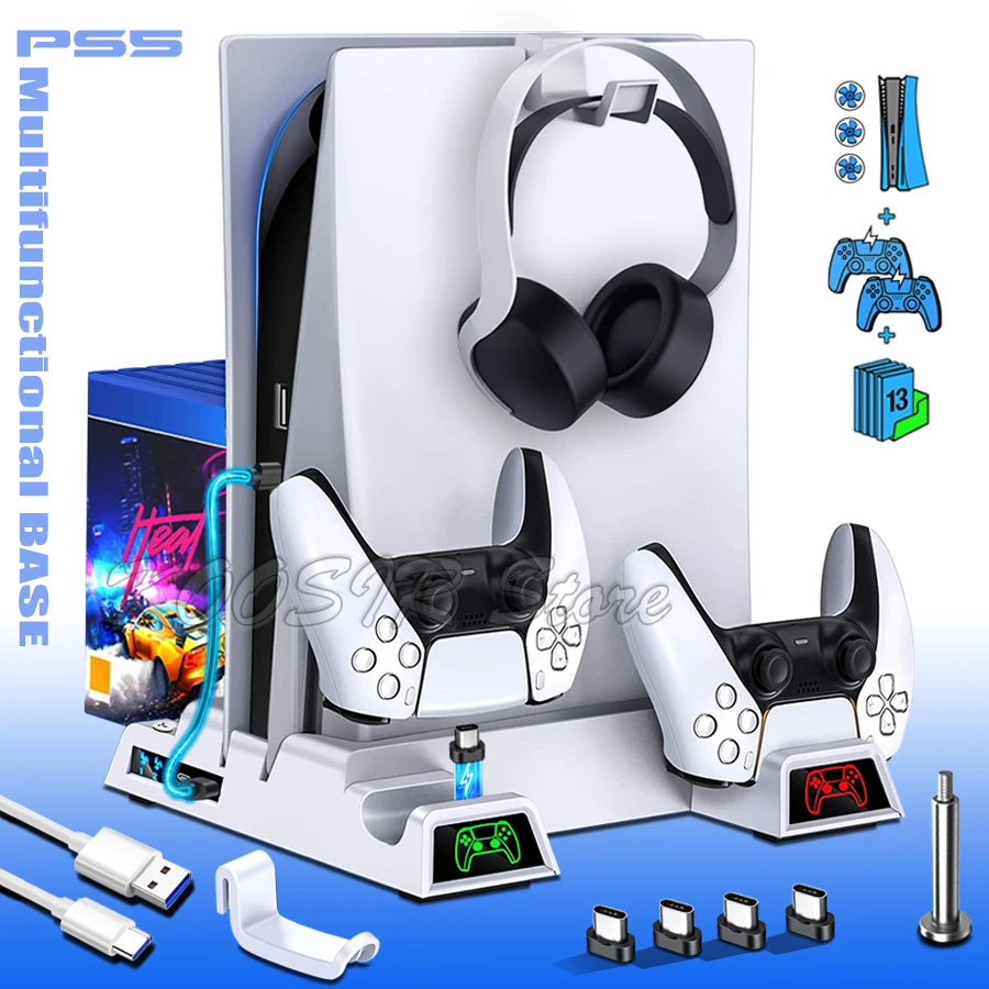 Ps5 Console Cooling Fan Stand Joystick Charger 13 Pcs Game Disc Storage ...