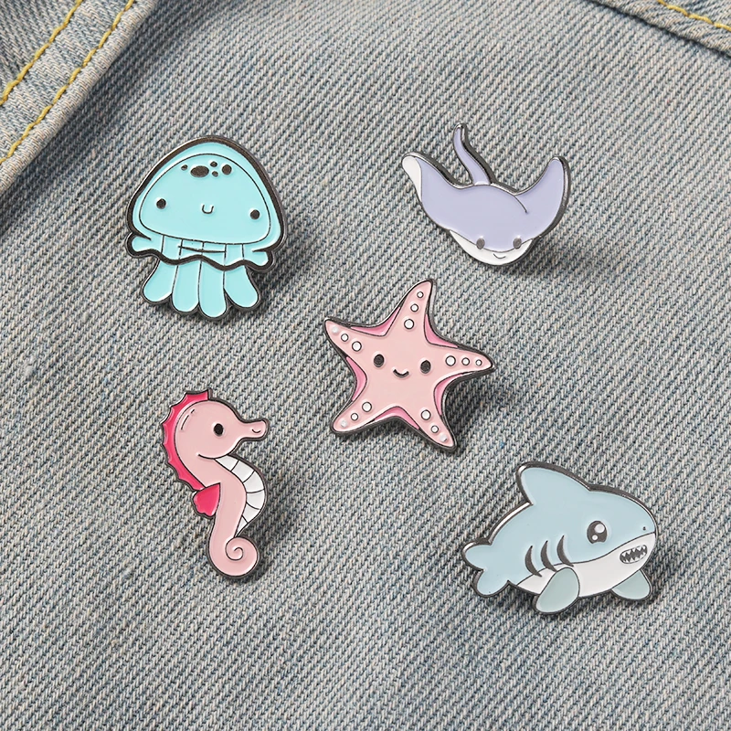Cartoon-Starfish-Shark-Enamel-Pins-Fashion-Hippocampus-Jellyfish-Brooch ...