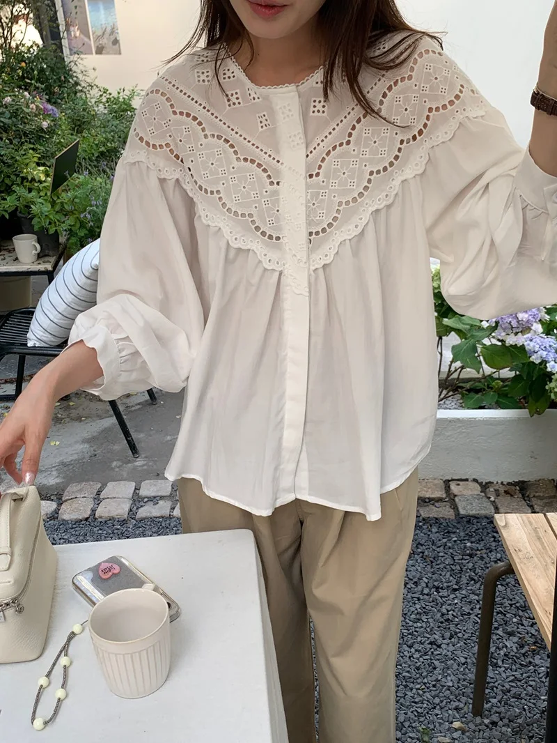 Spring-White-Gentle-Shirts-Puff-Sleeve-Women-Hollow-Out-Chic-All-Match ...