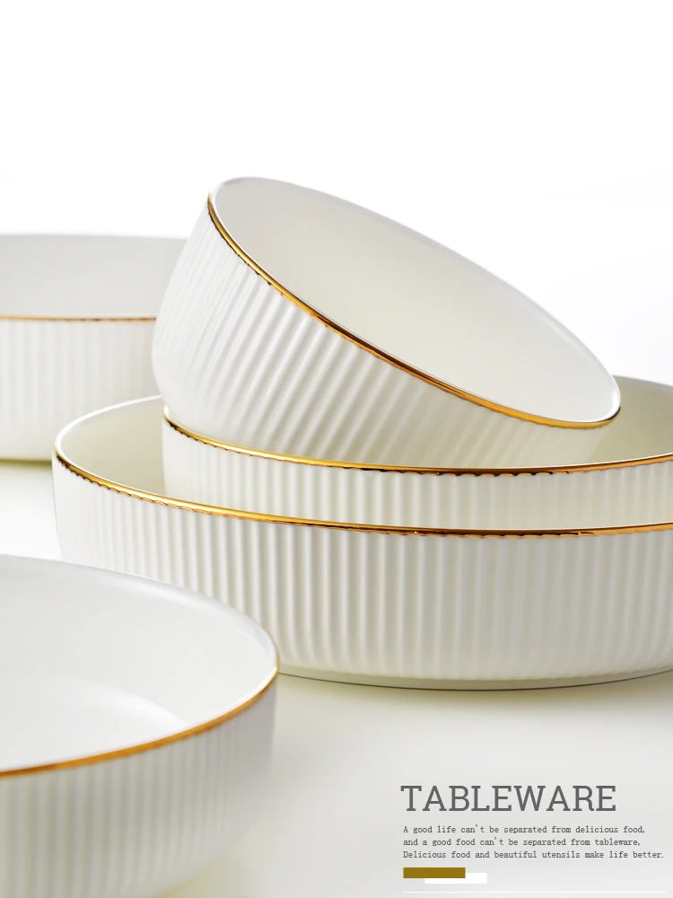 Ceramic-Gold-Plated-Edge-Plate-Tableware-Set-White-Porcelain-Dinner ...
