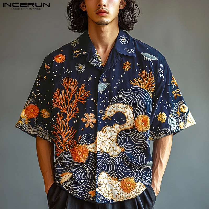 INCERUN Men Shirt Printing Lapel Short Sleeve Button Summer Male Shirts ...