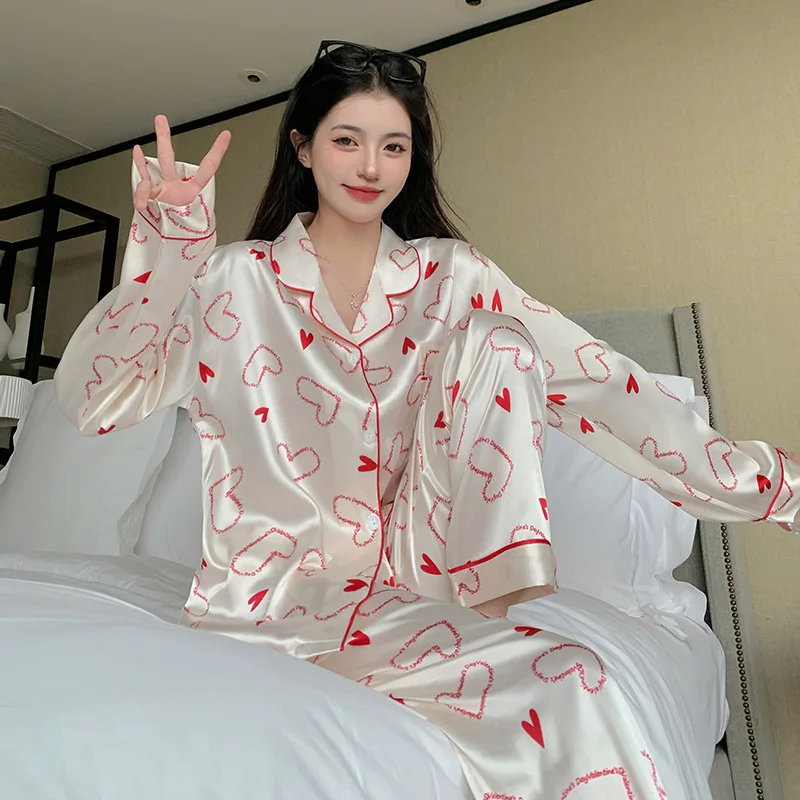 Women's Pajamas Sets Spring Autumn 2 Piece Print Heart Pyjama Faux Silk ...