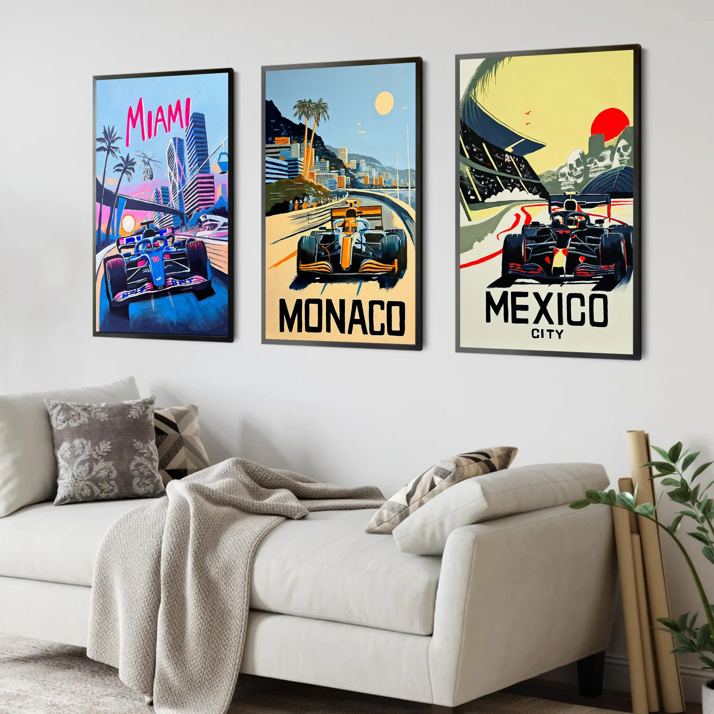 Pintura em tela monaco neon cidade aquarela carro arte da parede cartaz ...