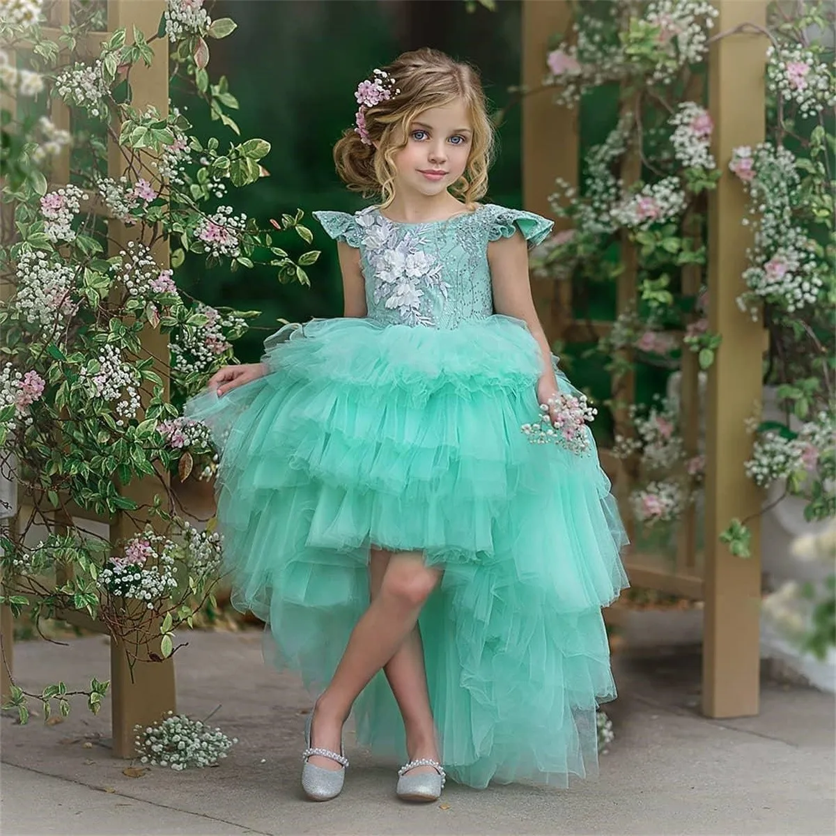 Flower Girls Wedding Princess Birthday Dresses Lace Beads Puffy Tulle ...