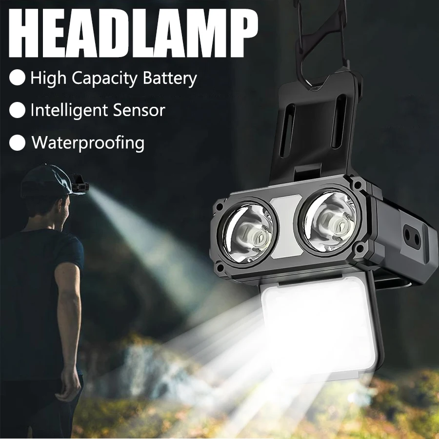 Sensor COB LED Headlamp Cap Clip Light USB Rechargeable Head Flashlight ...