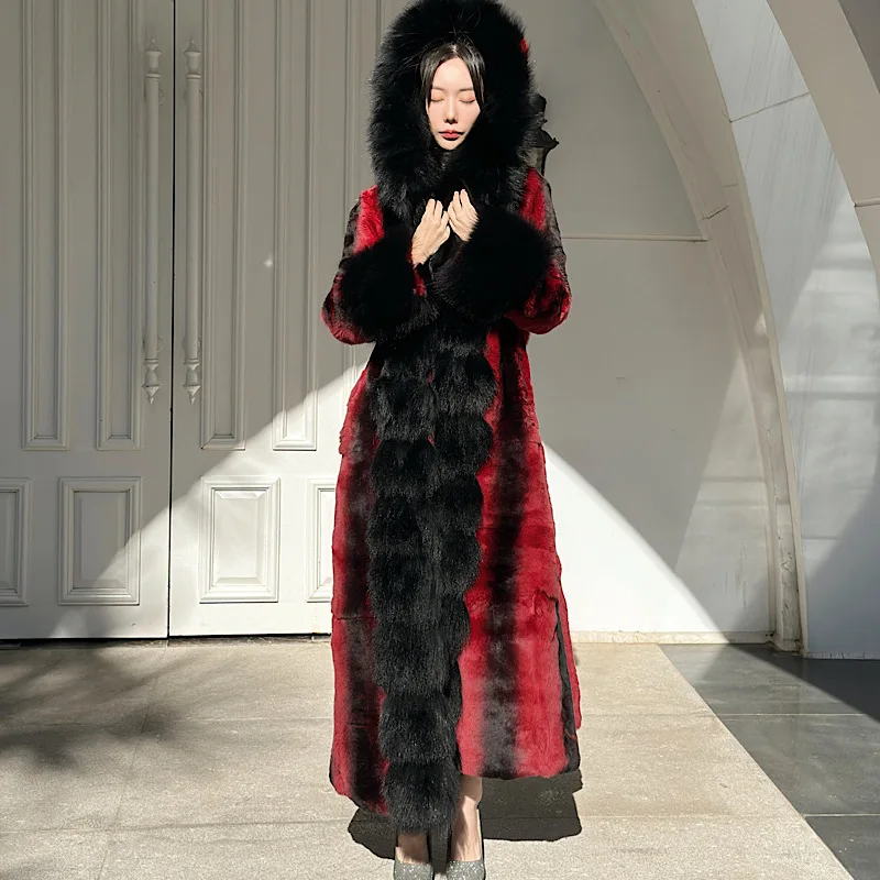 Winter Women Real Rex Rabbit Fur Coats With Fox Hooded Natural Whole Skin Genuine Long Jackets ...