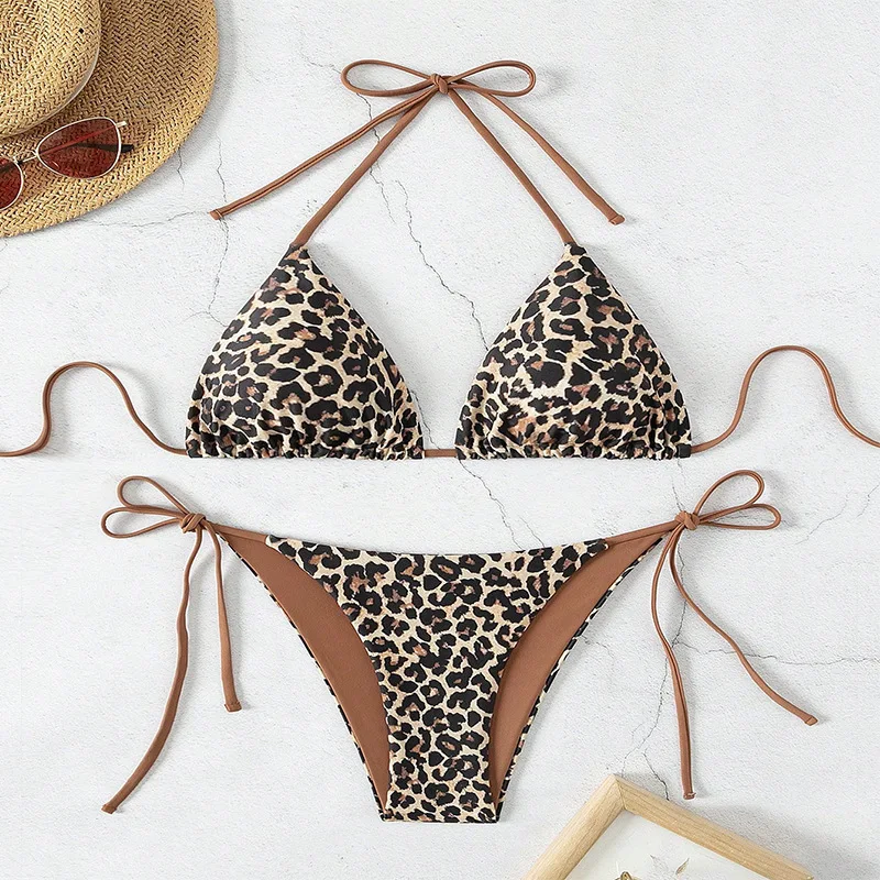 2025 Sexy Leopard Print Two Piece Swimsuit Set Triangle Bra Suspender ...