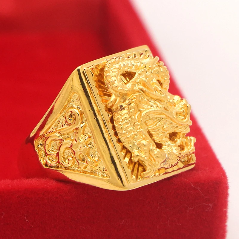 24K Pure Yellow Gold Color Ring for Men Bro Luxury Engraving Dragon ...