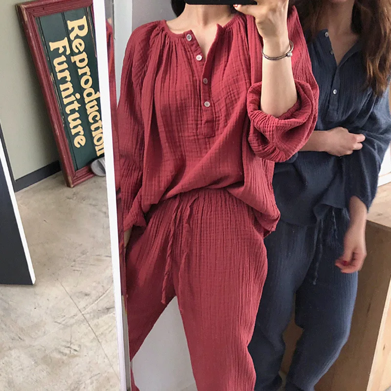 100-Cotton-Gauze-Women-S-Suits-Casual-Long-Sleeve-Button-Up-Shirts ...